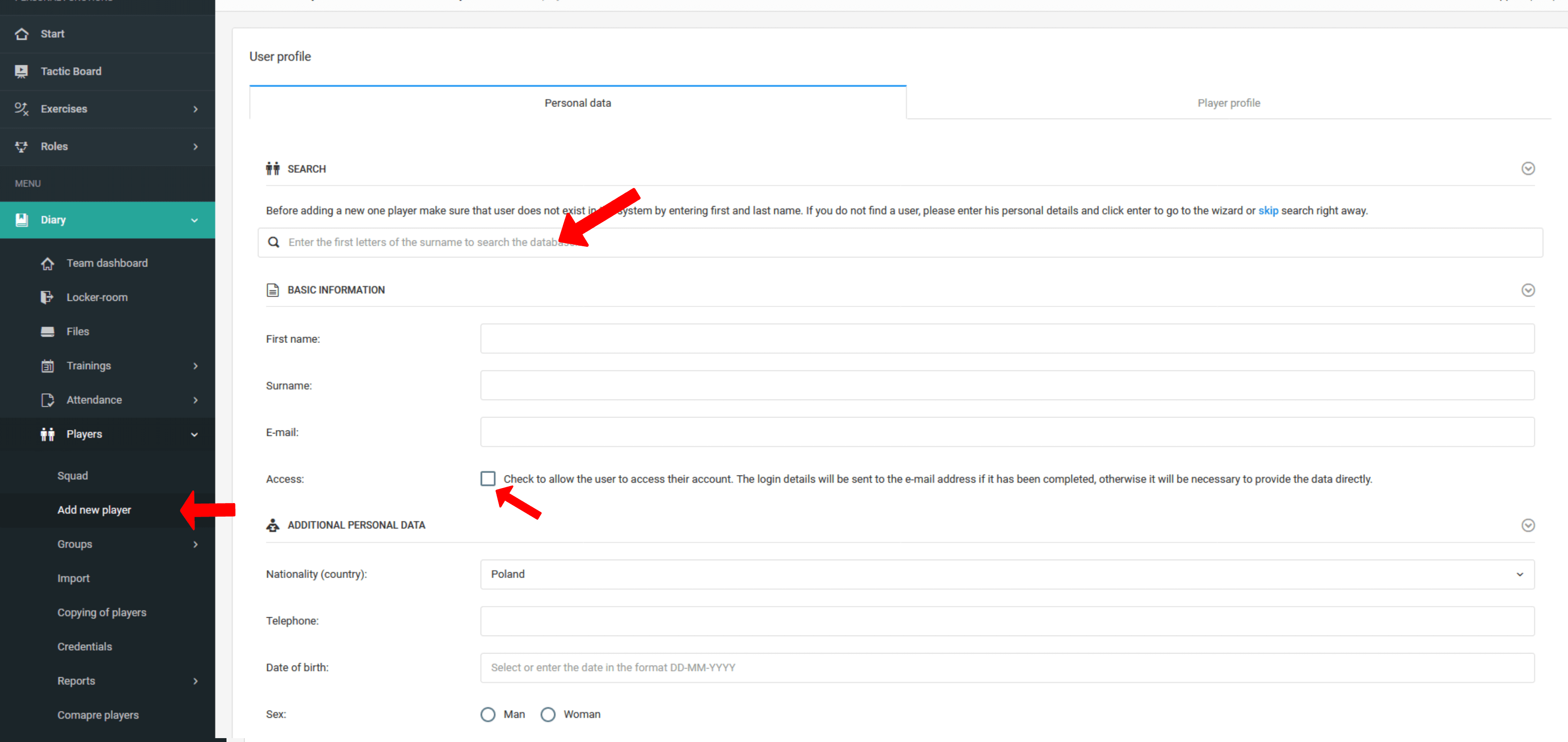 ProTrainUp - Adding a player